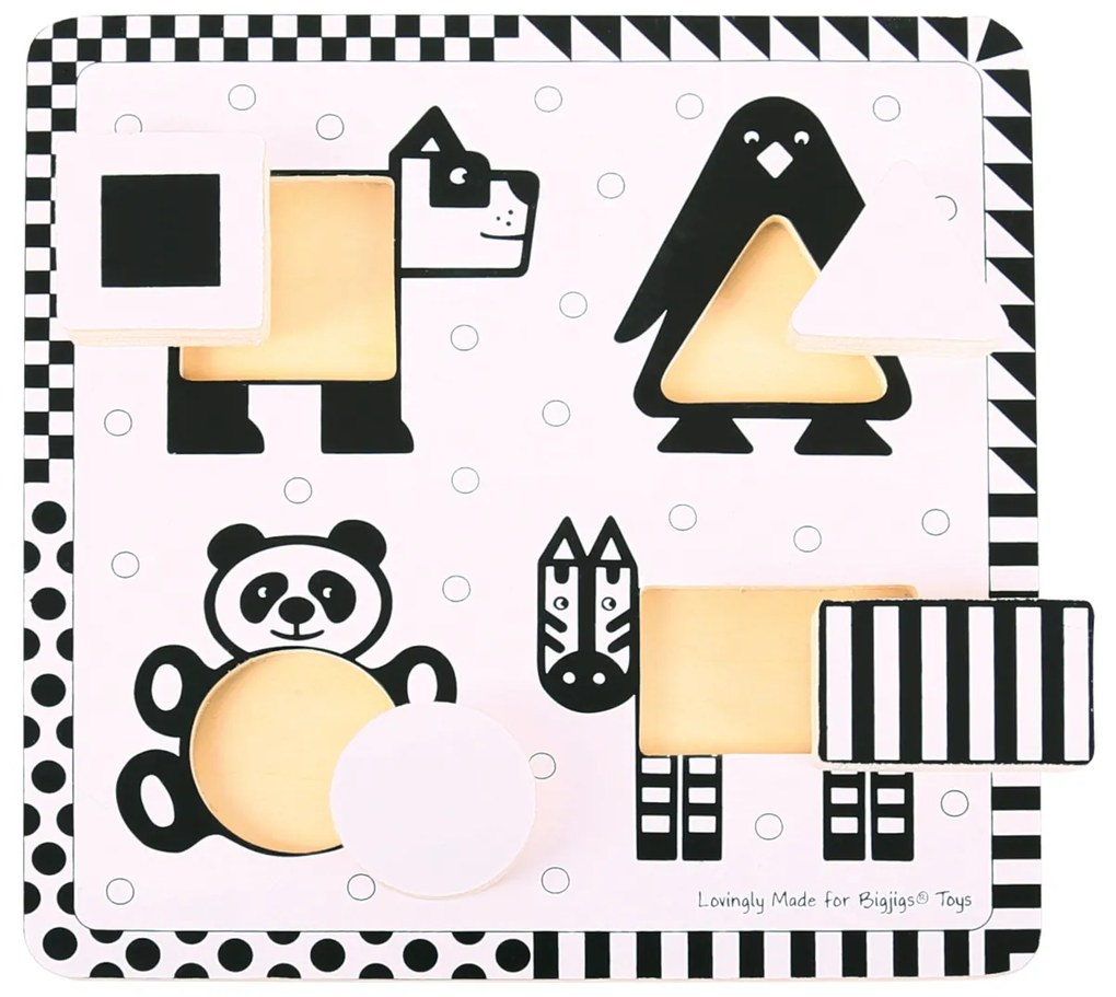 Bigjigs Toys Dřevěné vkládací puzzle černobílé tvary 1