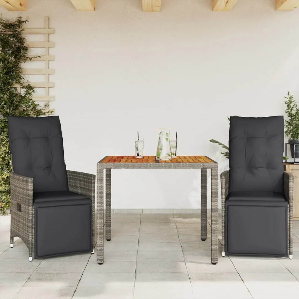 3dílný zahradní bistro set s poduškami šedý polyratan 3276885