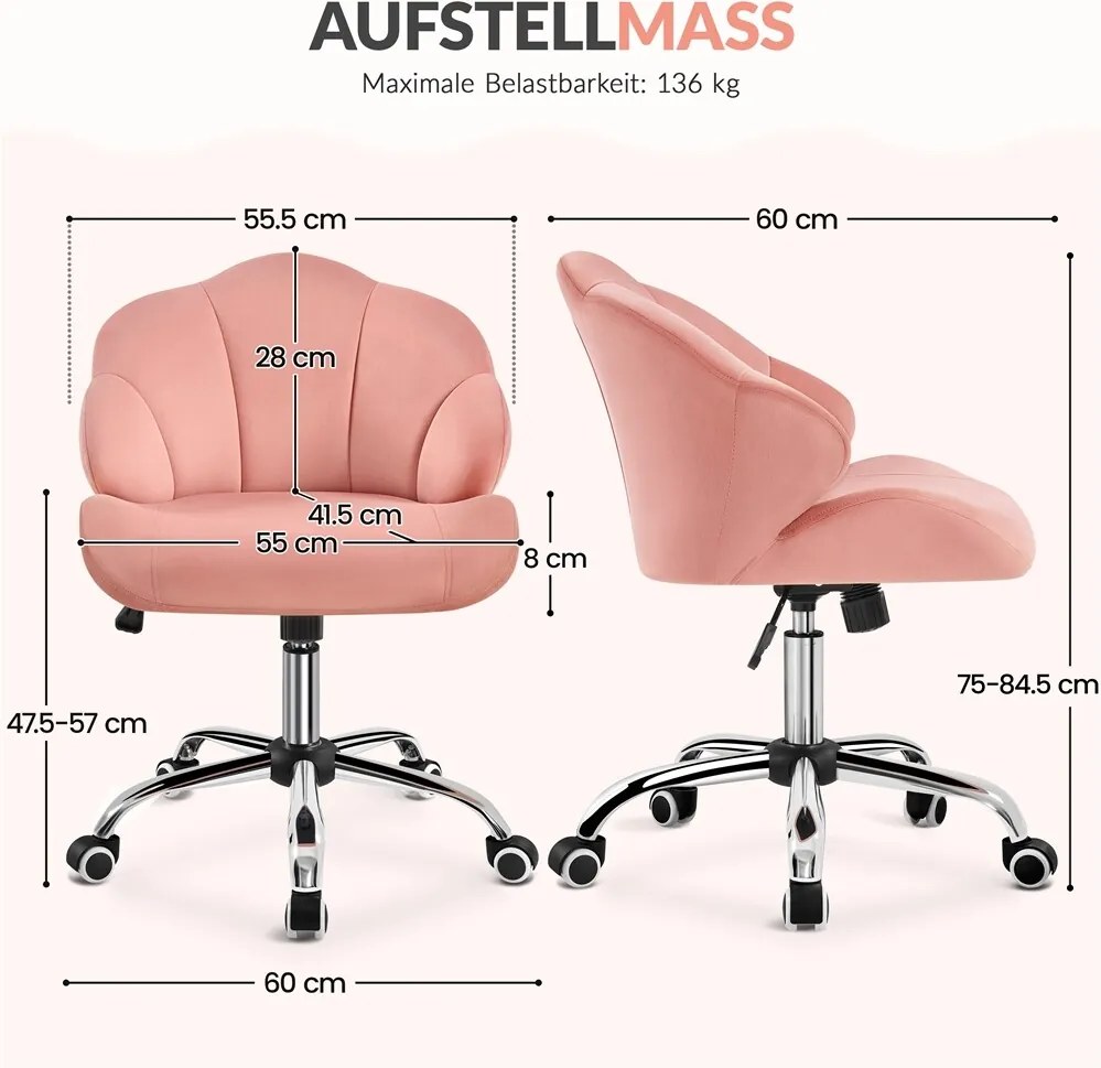 Kancelářská židle Yaheetech – růžová, 60 cm (šířka) × 60 cm (hloubka) × 76,5 cm – 86 cm (266901824875)