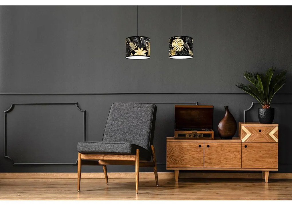 Závěsné svítidlo Gold Flowers, 2x černé textilní stínítko s květinovým vzorem