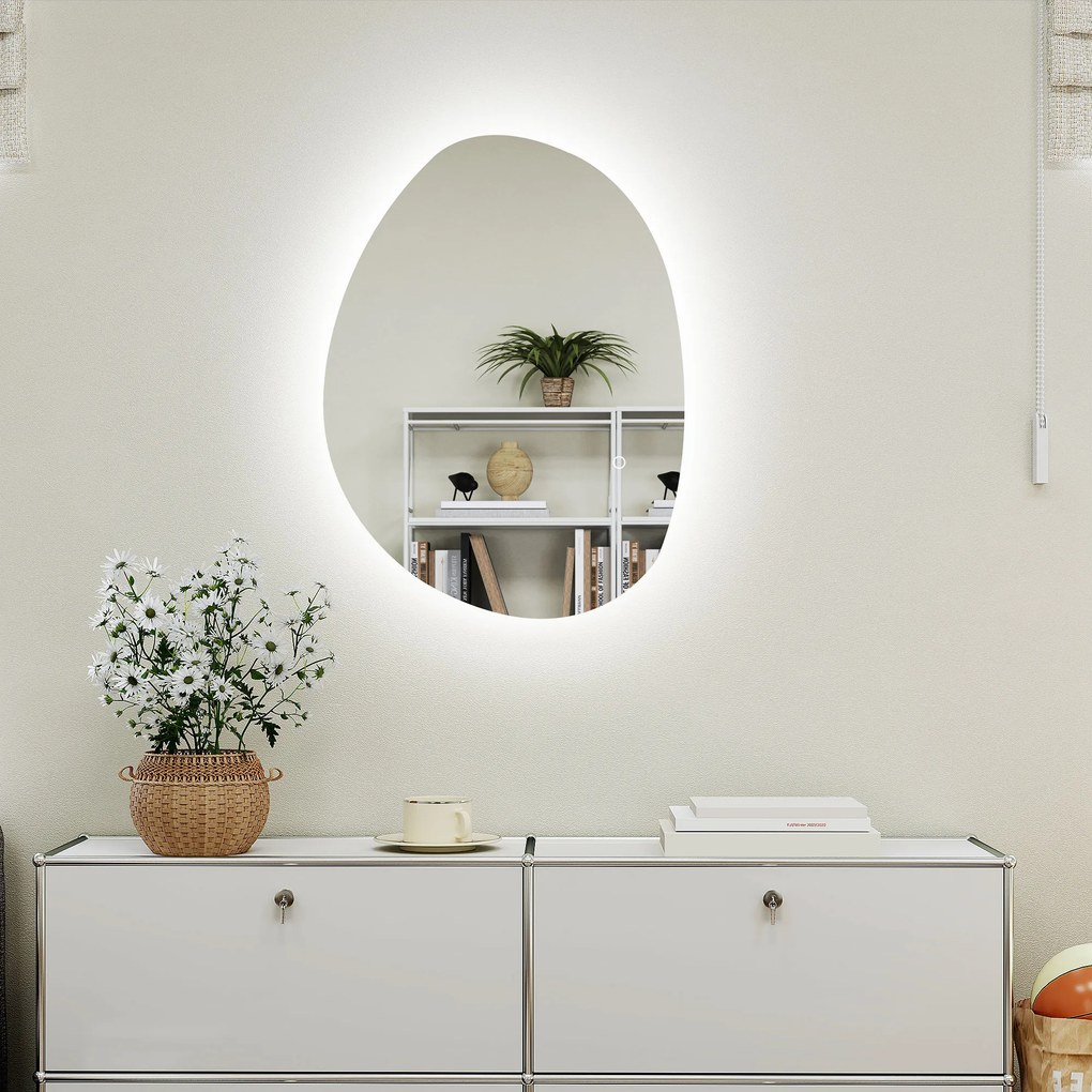 HOMCOM 70 x 50 cm asymetrické koupelnové zrcadlo s LED osvětlením, dotykový ovladač Smart Touch, proti zamlžení, stříbrná
