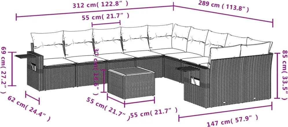 11dílná zahradní sedací souprava s poduškami šedá polyratan 3257089