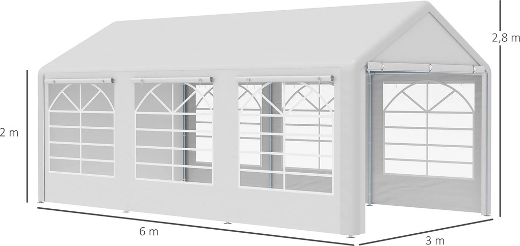 Pavilonový párty stan Outsunny 3x6m se 4 bočními stěnami a okny z polyesteru a kovu – bílý