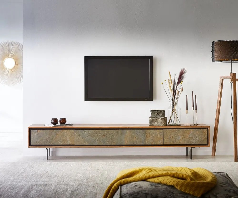 TV stolek Juwelo 220 cm přírodní akácie s kamennou dýhou 4 dvířka