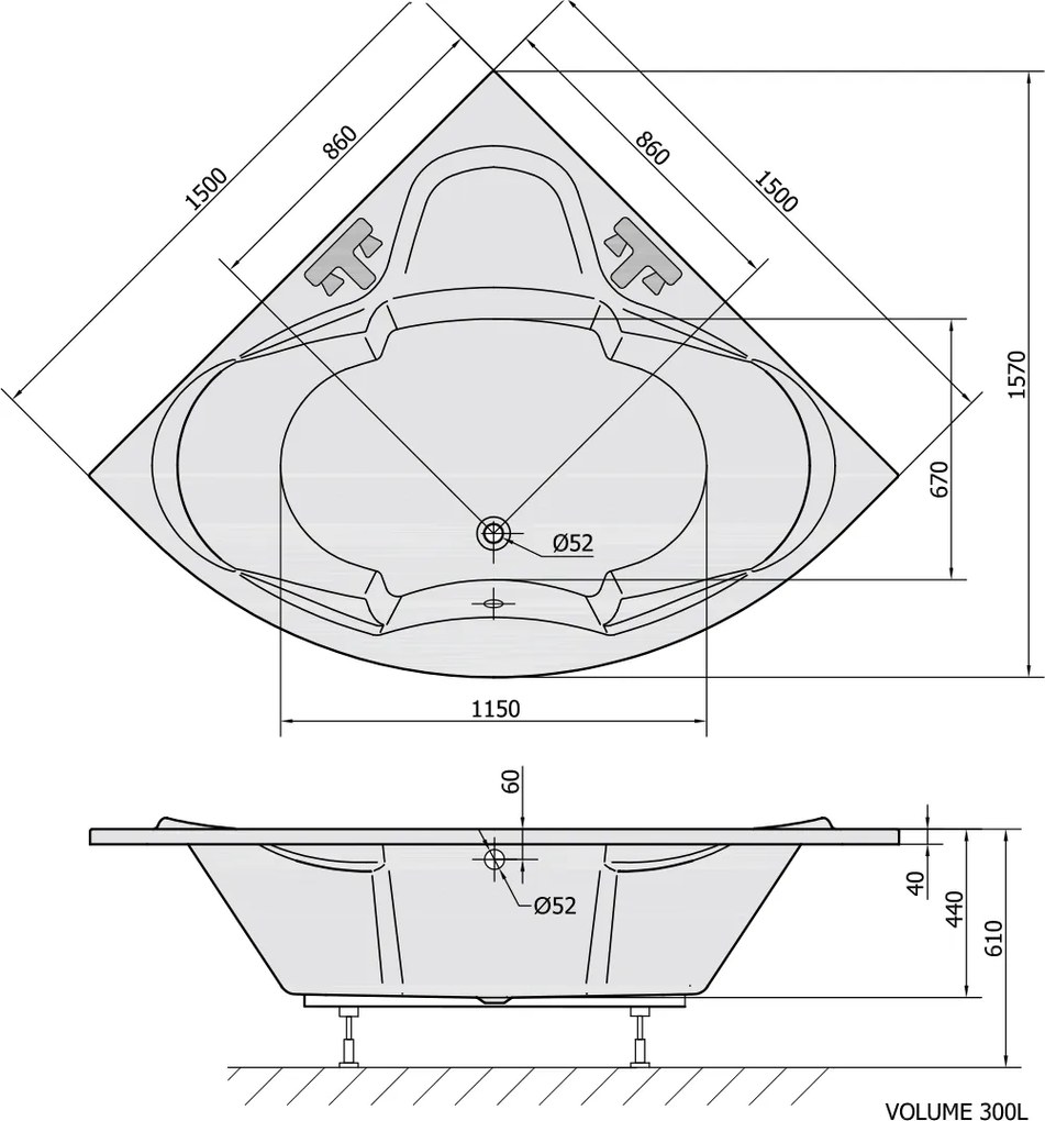 Polysan, SIMONA rohová vana 150x150x45cm, bílá, 94111