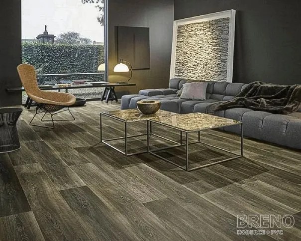 Breno PVC TRENTO Lime Oak 906D – tmavé rustikální dřevo, šíře 300 cm