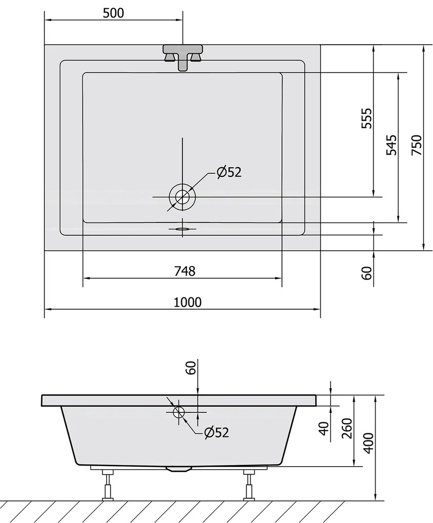 Polysan DEEP hluboká sprchová vanička s konstrukcí, obdélník 100x75x26cm, bílá, 72880