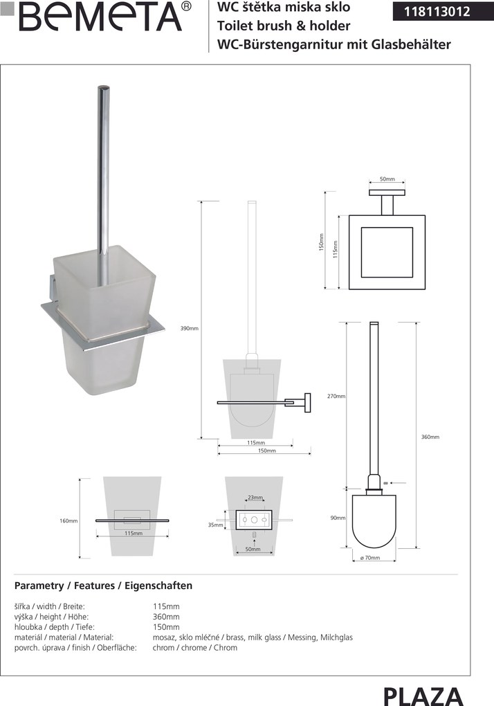 Bemeta Design PLAZA: WC štětka, na pověšení, sklo -