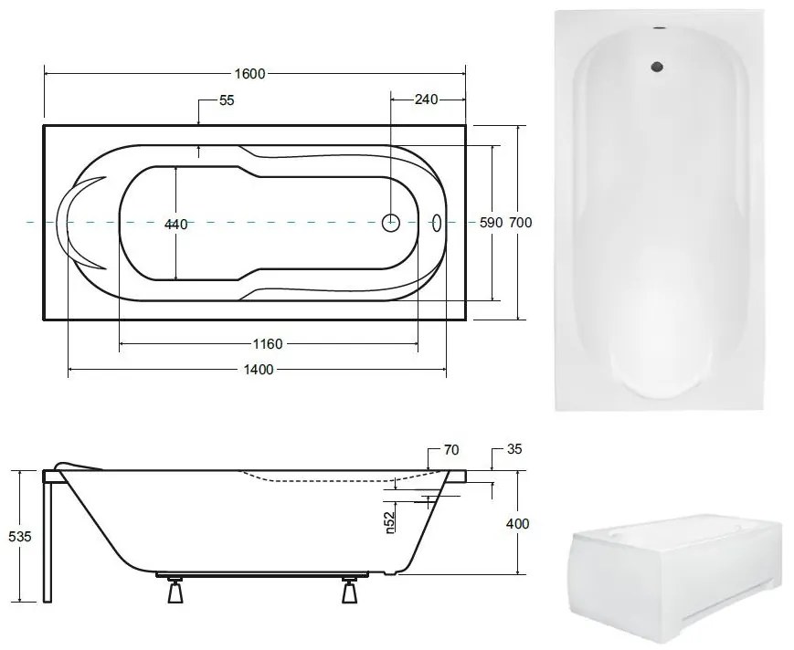 BESCO Obdélníková vana VINDOBONA Nožičky k vaně - Bez nožiček, Rozměr vany - 180 × 80 cm OLVVIN18