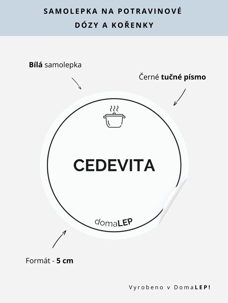 Samolepka na láhev CEDEVITA –  průměr 5 cm – bílá vinylová, voděodolná, omyvatelná samolepka na dózy, tučné písmo