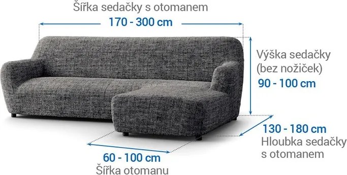 Bielastické potahy VITTORIA šedá sedačka s otomanem vpravo (š. 170 - 300 cm)