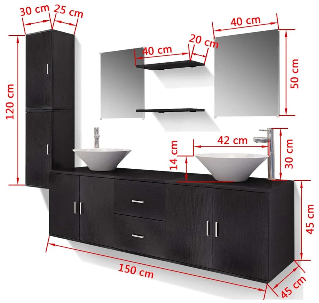 vidaXL Marketos 11dílný set koupelnového nábytku s umyvadlem a baterií černý