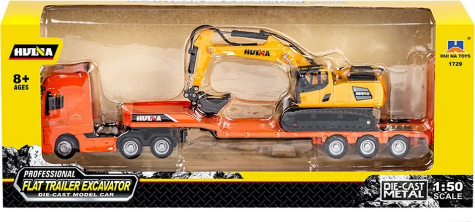 HUINA Nákladní auto s návěsem, odtahovka, bagr, kovové, Huina, oranžové, 1:50
