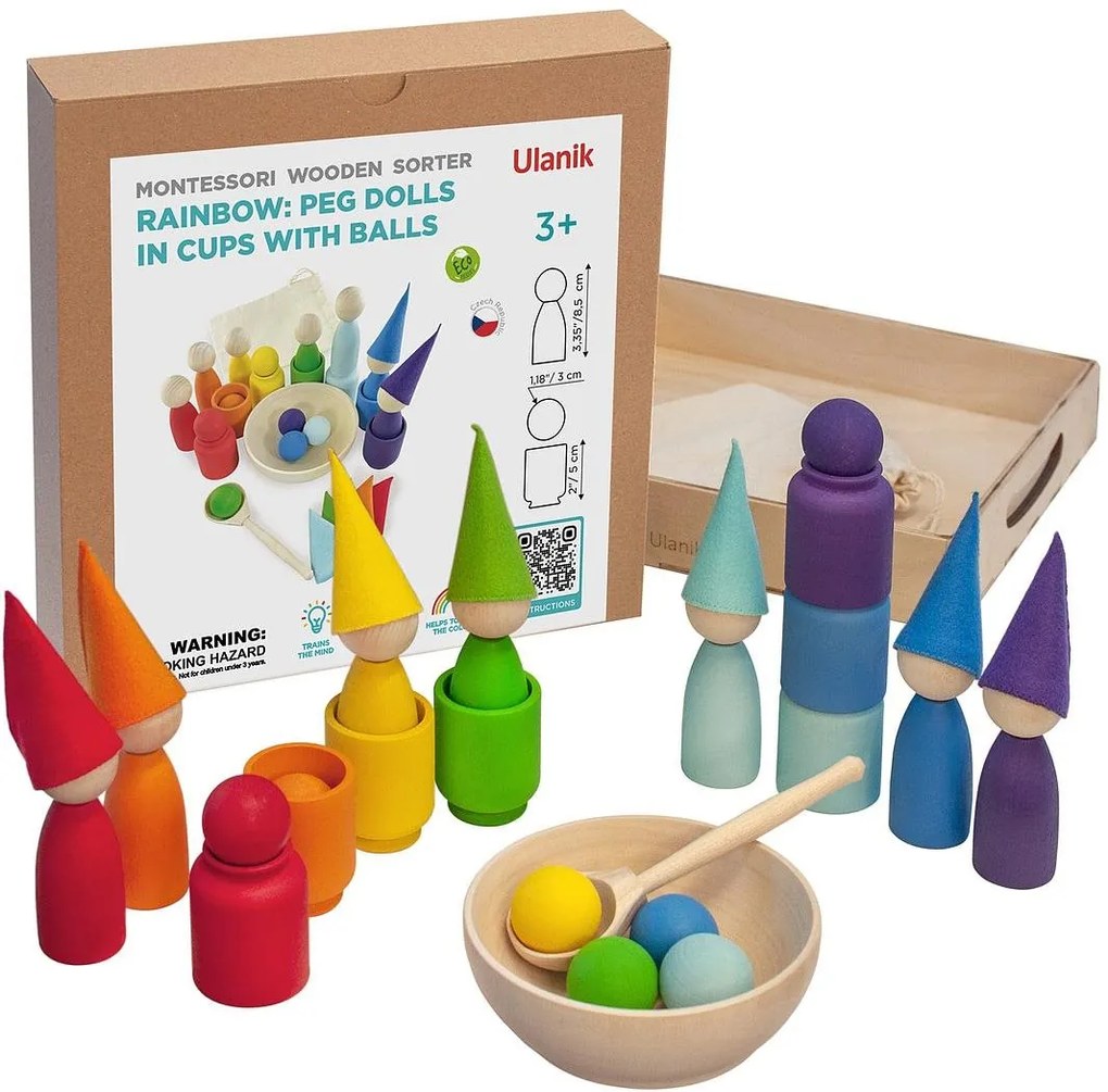 Montessori hračka ulanik rainbow: peg dolls in cups with hats and balls