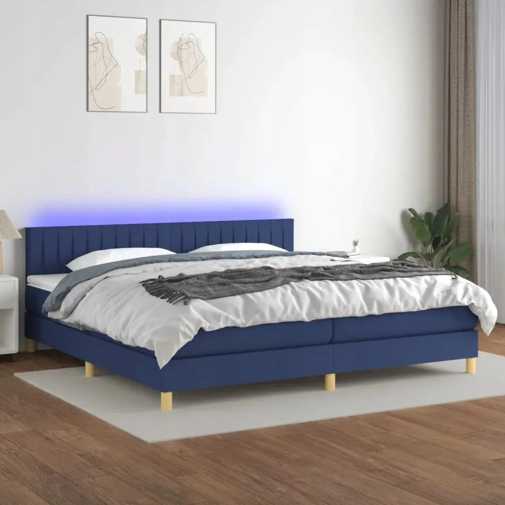 Box Spring Postel S Matrací A Led Textil Modrá Svislé pruhy 200 x 200 cm