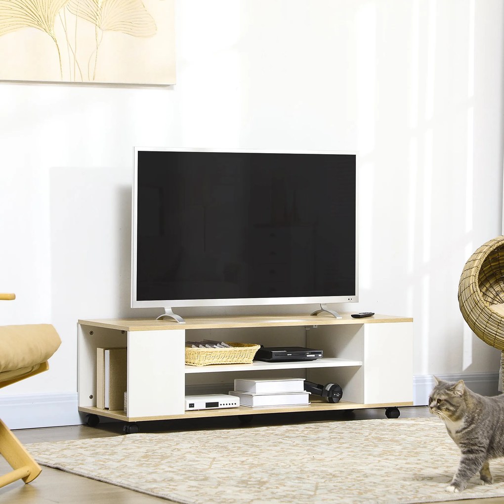 HOMCOM TV Stojan na Kolečkách - Nástěnný TV Stojan s 2 Úložnými Policemi pro Televize do 139 cm - 120x40x38,5 cm