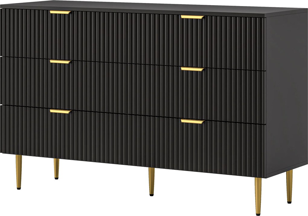HOMCOM moderní komoda se 6 zásuvkami se zlatými úchyty, 120x40x76,5 cm, černá