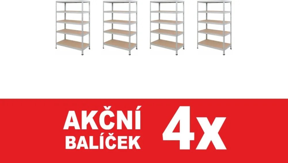 Akce 4x Regál 183x90x30 cm zinkovaný 5-policový, nosnost 1000 kg, RIVET