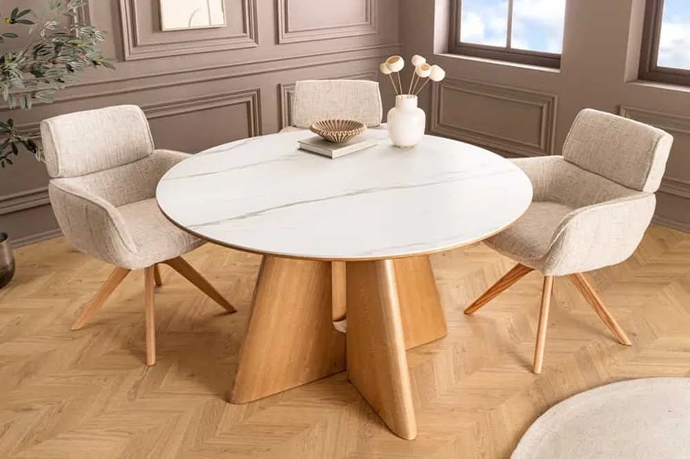 Kulatý keramický jídelní stůl Yenibeth 120 cm bílý mramor / dub
