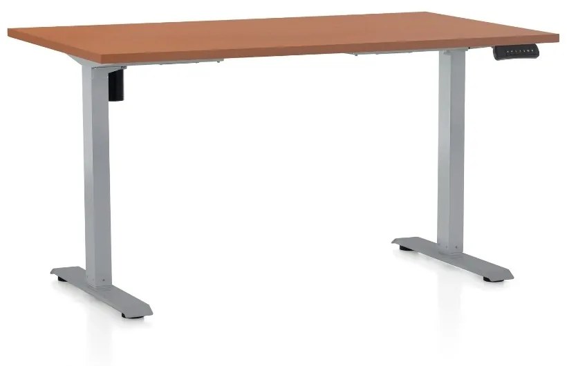 Výškově nastavitelný stůl OfficeTech B, 120 x 80 cm, šedá podnož, třešeň