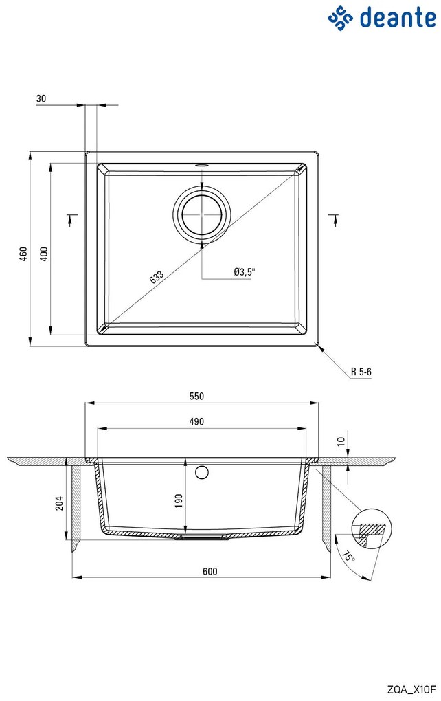 Deante Corda Flush, granitový dřez na desku 550x460x204 mm, 3,5" + prostorově úsporný sifon, 1-komorový, antracitová metalíza, ZQA_T10F