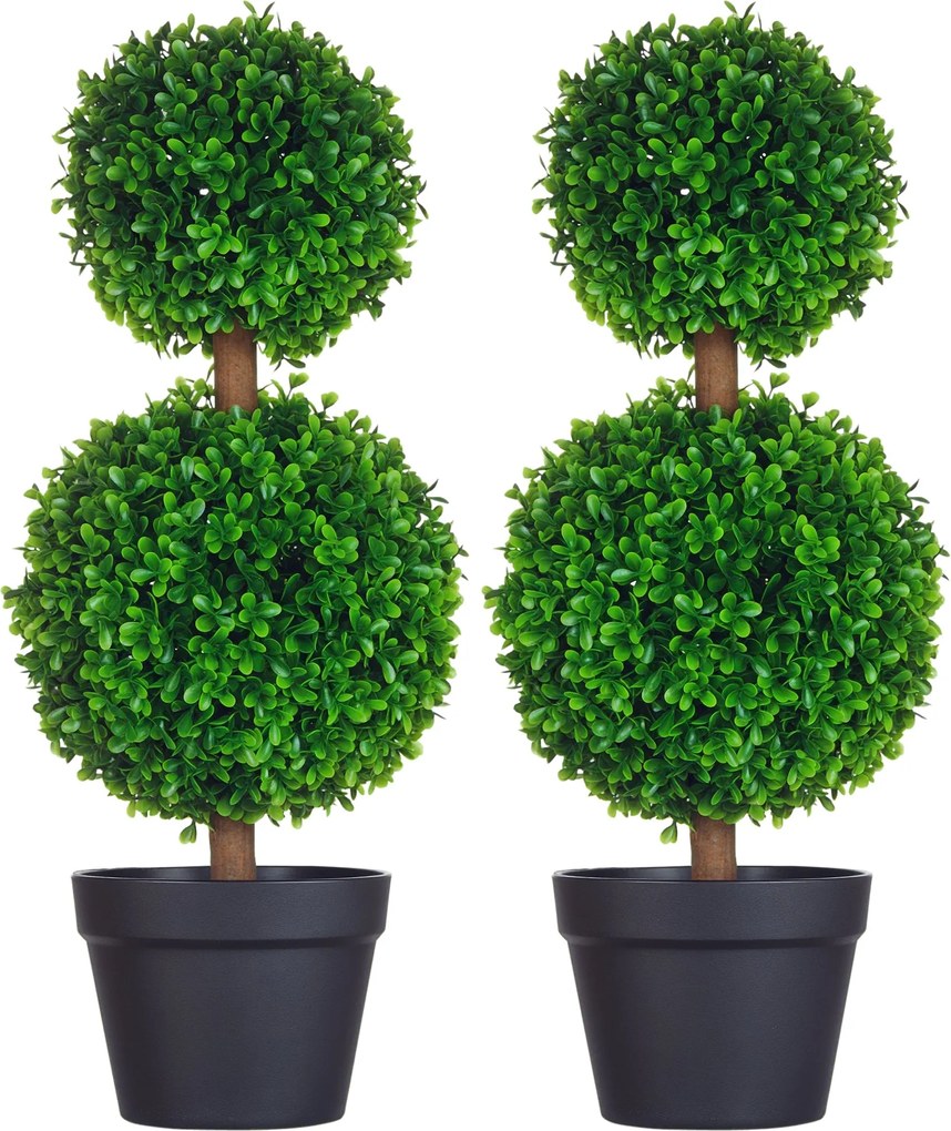 HOMCOM 2-pack Velký Umělý Přírodní Buxus 60 cm, UV Odolná Umělá Rostlina, Plastové Umělé Rostliny v Potu, Umělý Strom, Vypadají Skvěle do Obývacího Po
