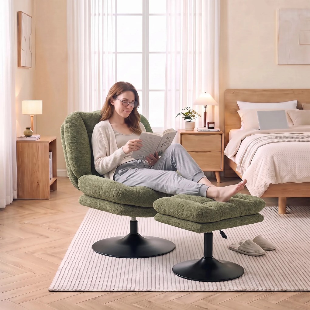 HOMCOM Lounge křeslo s podnožkou, 360° otočné, z Raindrop sametu, výškově nastavitelná podnožka, zelené
