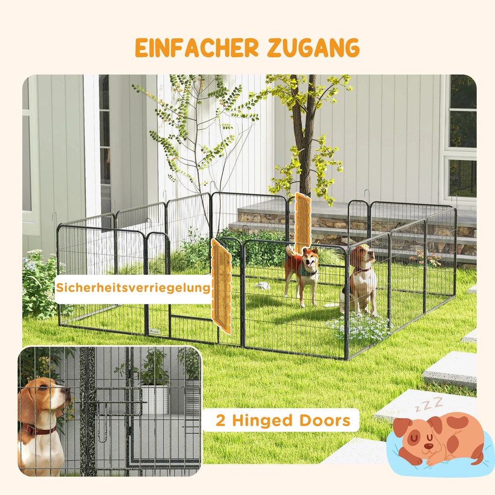 PawHut výběh pro štěňata 80 cm vysoký, 12-TLG výběh pro štěňata se 2 dvířky, DIY výběh pro střední psy, králíky, morčata, ocel, šedý