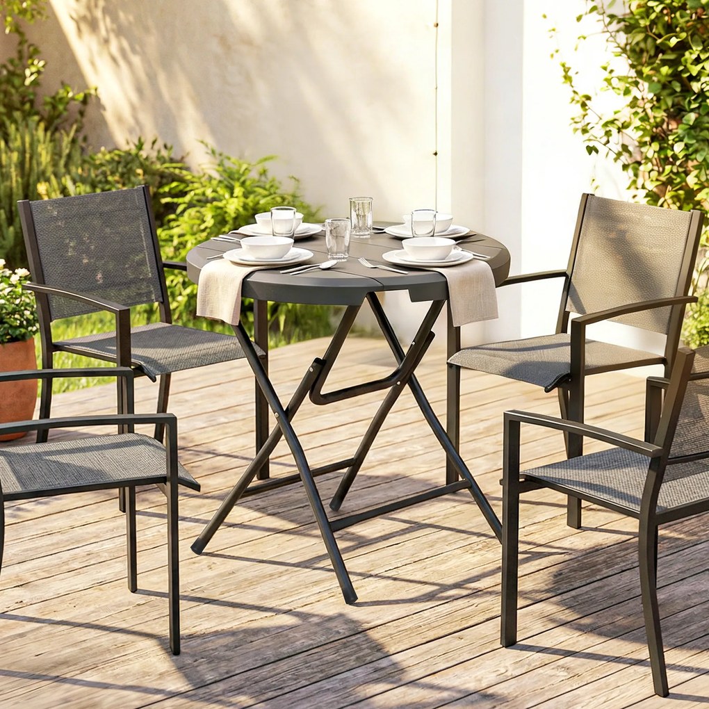 Zahradní stůl Outsunny pro 4 osoby, kulatý skládací stůl Ø80 cm, zahradní jídelní stůl ve vzhledu dřeva, tmavě šedý, ideální na balkon a terasu | Aos…