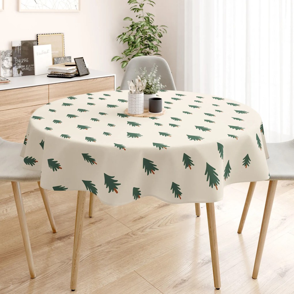 Goldea kulatý ubrus z pevné bavlny - stromečky na režném Ø 120 cm