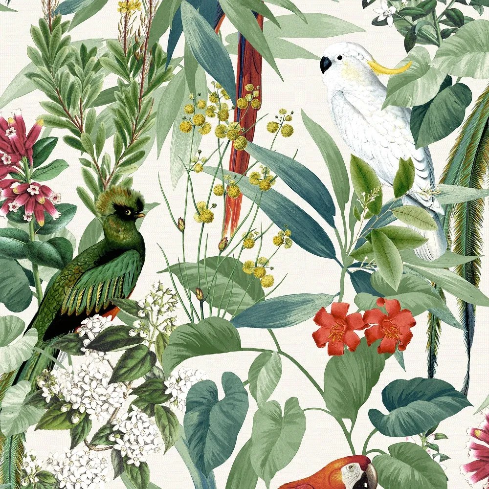 Ugépa Vliesová tapeta na zeď Tropické listy, květy, ptáci 576204, Escapade, Ugépa rozměry 0,53 x 10,05 m