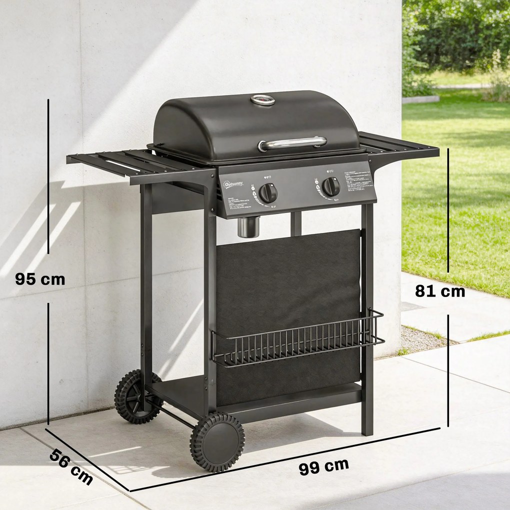 Outsunny Plynový gril 5 KW 2 hořáky BBQ grilovací vozík z nerezové oceli včetně bočního stolku spodní koš přední kryt teploměr smaltovaný grilovací r…