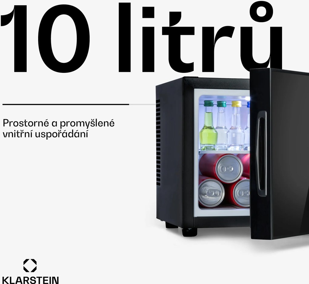 Klarstein Frosty, mini lednice, 10 l, energetická třída A, dveře se zrcadlovým sklem, černá