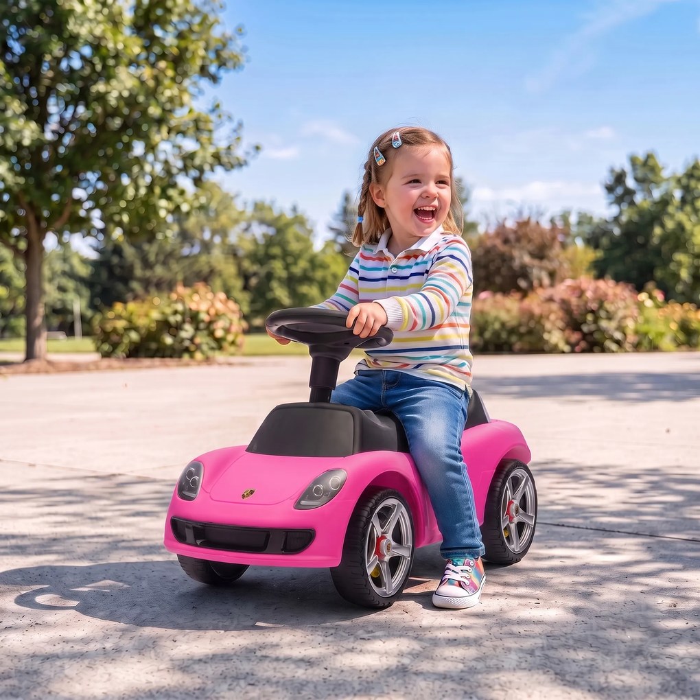 AIYAPLAY Odrážedlo pro děti Porsche odrážedlo s klaksonem, světlem a zvuky motoru, pro 18–36 měsíců, růžová