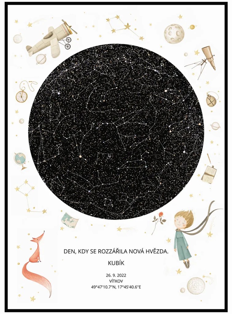 Hvězdná mapa Vašeho životního okamžiku Rozměr plakátu: 30 x 40 cm, Barva pozadí: Malý princ, Volba rámu: Lípa dřevěný rám