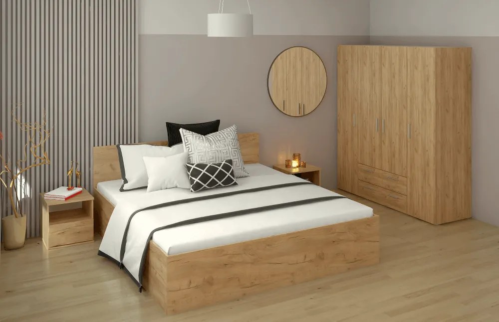 Postel s kovovým roštem a úložným prostorem, 180x200, dub craft zlatý, DOLI