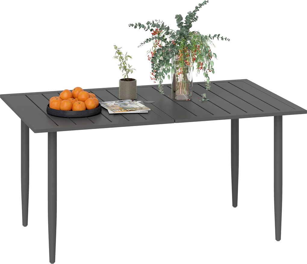 Zahradní stůl Outsunny 150x90cm, odolný ocelový balkonový stůl, balkonový stůl s otvorem pro slunečník, design prken, venkovní kempingový stůl, vedlej