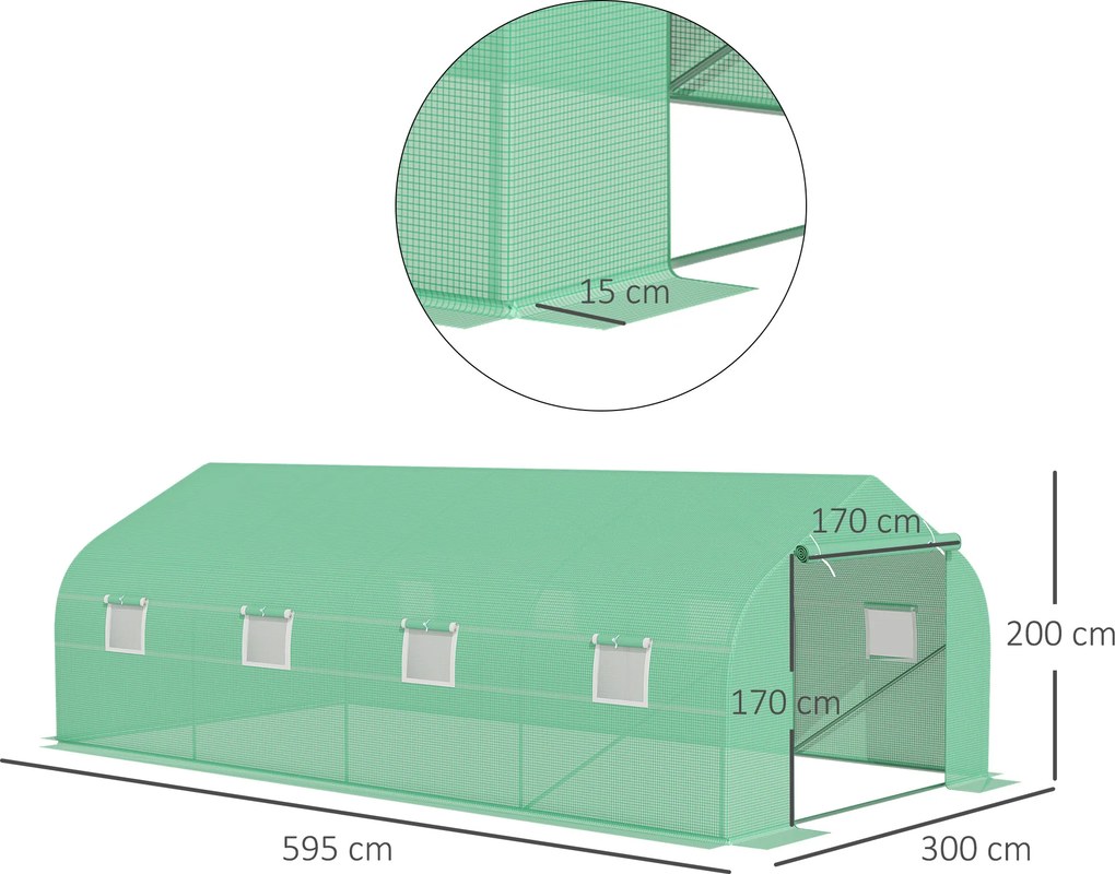 Outsunny skleník na rajčata se sedlovou střechou 600x300x200cm skleník ze zelené fólie pro zahradnictví a péči o rostliny