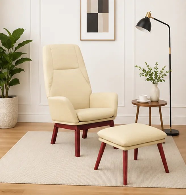 relaxační křeslo, s podnožkou, odpočinkové, masivní kaučukovník/kov/textil, 95x76x71 cm, nohy tmavé/krémová, Dekorino KR20260086