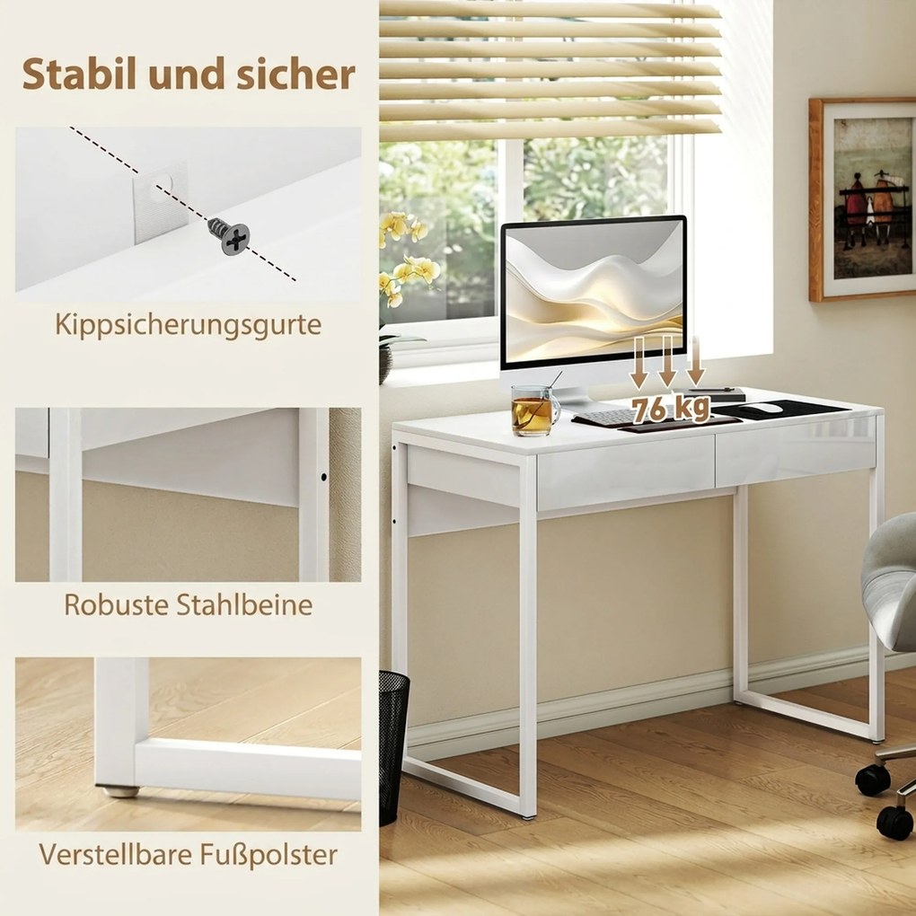 HOMCOM Psací stůl 100 x 50 cm, počítačový stůl, kancelářský stůl se 2 zásuvkami, pro malé prostory, bílý