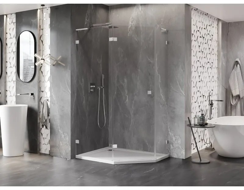 Mexen Lunar, L pětiúhelníkový sprchový kout naklápěcí doleva 100 x 80 cm, 8mm čiré sklo, chromový profil, 831L-100L-080P-01-00-L