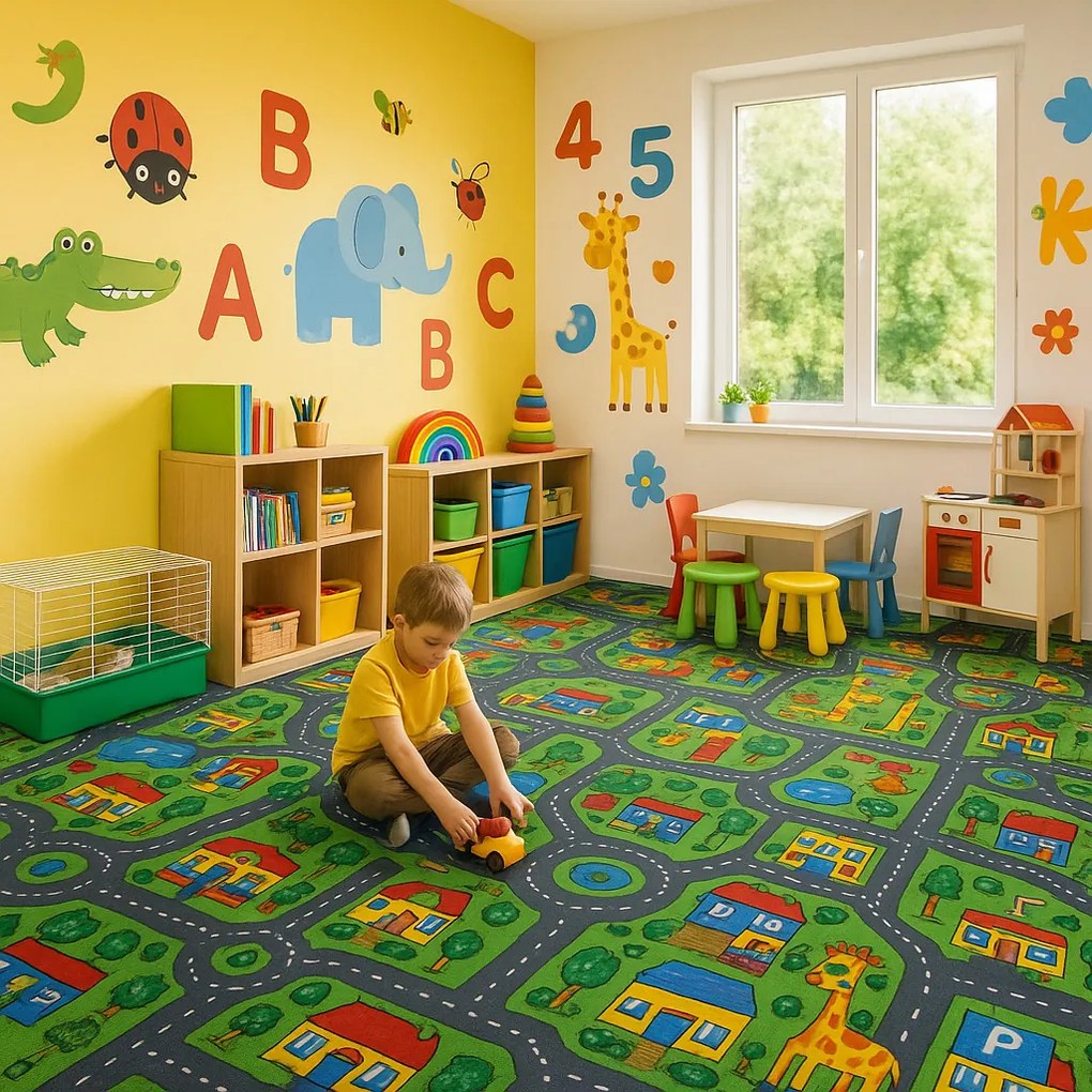 Vopi, Dětský metrážový koberec City life - neúčtujeme odřezky z role, na míru, šíře 2m,3m,4m, vícebarevná, filc, dětský pokoj