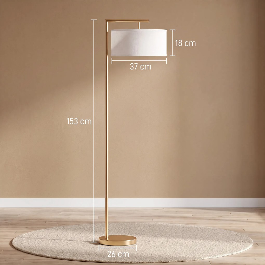 HOMCOM Stojací lampa s paticí E27 Stojací lampa do obývacího pokoje ložnice kancelář, kov ocel plátno zlatá bílá 47x37x153 cm | Aosom.de
