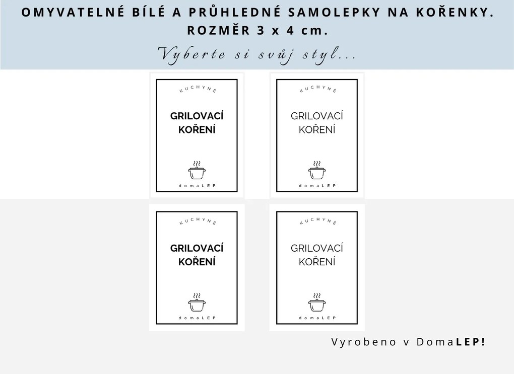 GRILOVACÍ KOŘENÍ - Samolepka na kořenky 3 x 4 cm - DomaLEP varianta: BÍLÁ - základní písmo