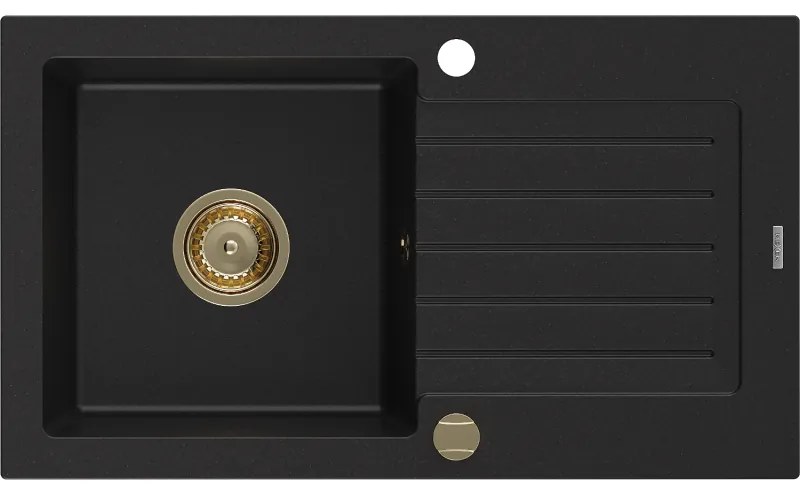 Mexen Pablo 1-miskový granitový dřez s odkapávačem 752 x 436 mm, Černá, sifon Zlatá - 6510751010-77-G