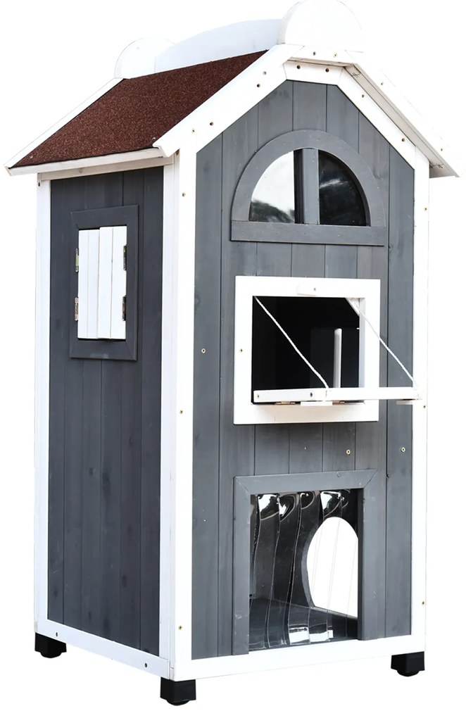 PawHut kočičí domeček pro kočky, pelíšek nebo záchůdek, univerzální skříňka pro kočky, jedlové dřevo, asfaltová střecha, šedá, 59x55x109cm| Aosom