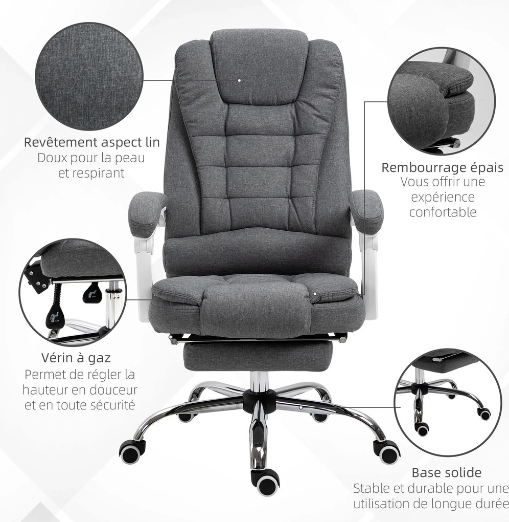 Ergonomická kancelářská židle Vinsetto s opěrkou nohou, s polohovací opěrkou zad, polstrovanými područkami a šedým látkovým potahem