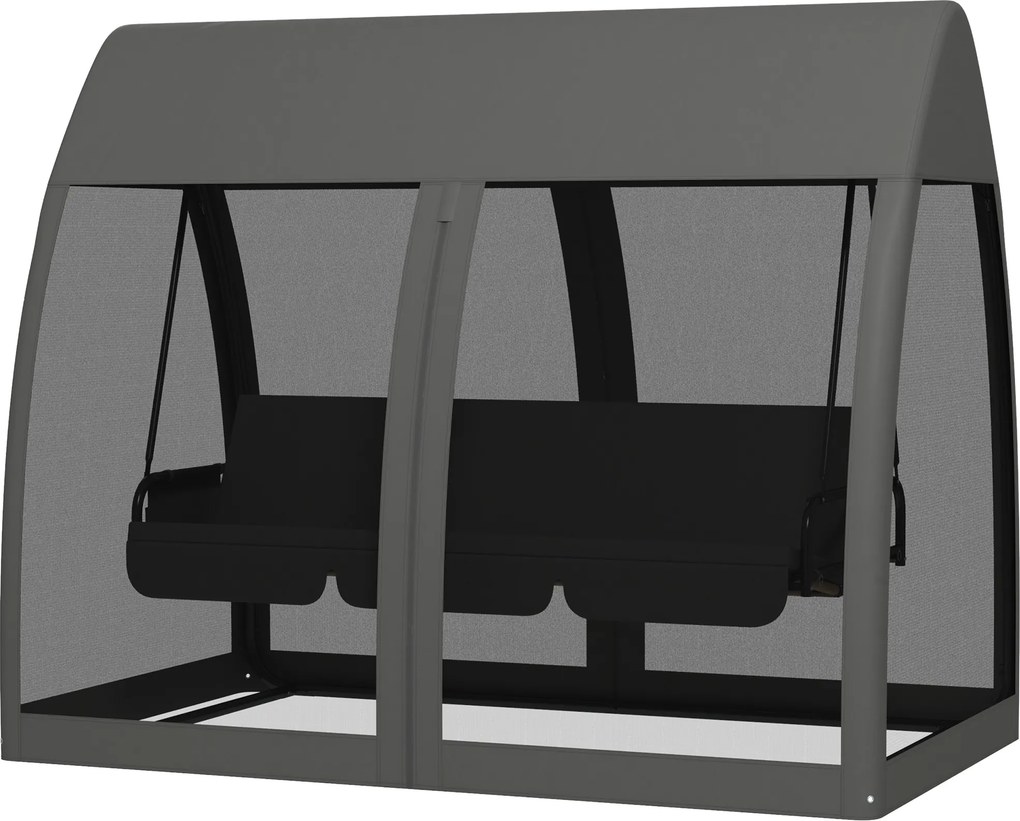 Outsunny 2-v-1 Hollywoodská houpačka s ležící funkcí - 3-místná zahradní houpačka s markýzou a síťkou proti hmyzu, nosnost až 300 kg, lehátko do zahr…