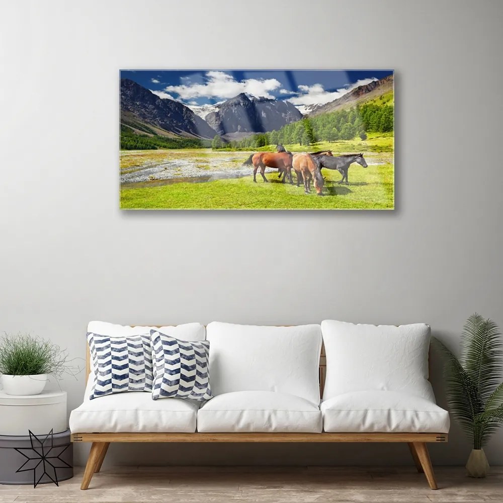 Obraz na skle Hory Stromy Koně Zvířata 120x60 cm