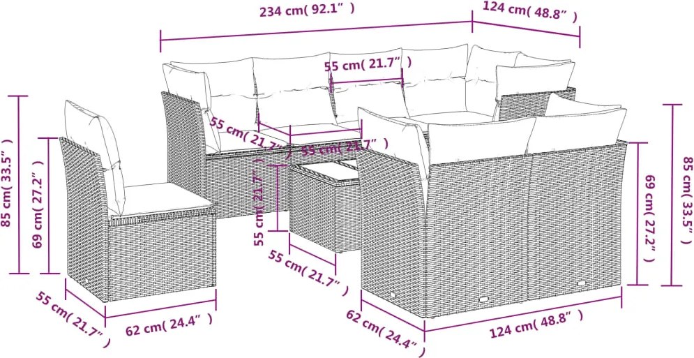 9dílná zahradní sedací souprava a podušky světle šedá polyratan 3249781